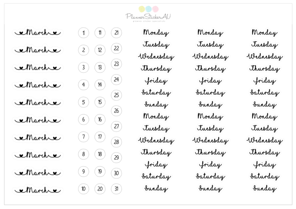Foiled Stickers | Script | Month-Day-Date | March | D21 – Planner ...
